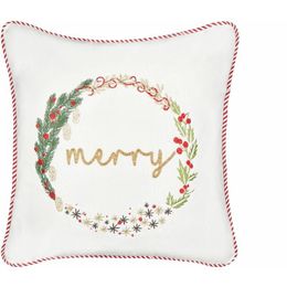 Beliani Dekokissen Weiß Samtbezug mit Füllung Schriftzug Quadratisch 45x45 cm Weihnachtsmotiv Weihnachtskranz Reißverschluss Wohnzimmer Schlafzimmer