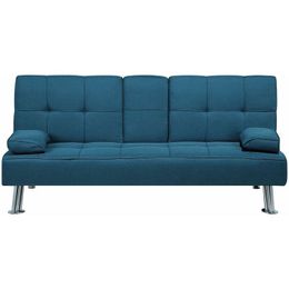 Beliani - 3-Sitzer Sofa Blau Stoffbezug Gesteppt mit Schlaffunktion Integriertem Tisch Klapparmlehne Modern Skandi Wohnzimmer Schlafsofa Sofabett
