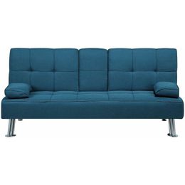 Beliani 3-Sitzer Sofa Blau Stoffbezug Gesteppt mit Schlaffunktion Integriertem Tisch Klapparmlehne Modern Skandi Wohnzimmer Schlafsofa Sofabett