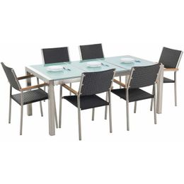 Beliani Gartenmöbel Set Schwarz / Silber Sicherheitsglas Edelstahl Tisch 180 cm 6 Rattanstühle Terrasse Outdoor Modern - Schwarz