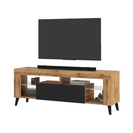 HugoB – TV-Lowboard, modernes TV-Sideboard mit Füßen und Glaseinlegeböden, 140 cm (Lancaster Eiche Matt / Schwarz Glanz, ohne led) - Selsey