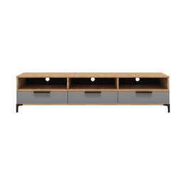 Selsey - rikke - TV-Lowboard / TV-Tisch mit 3 offenen Fächern, Klappen und Metallfüßen, 160 cm breit (Wotan Eiche Matt / Grau Hochglanz ohne led)