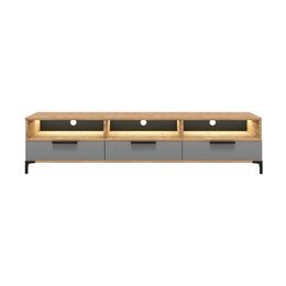 Selsey - rikke - TV-Lowboard / TV-Tisch mit 3 offenen Fächern, Klappen und Metallfüßen, 160 cm breit (Wotan Eiche Matt / Grau Hochglanz mit led)