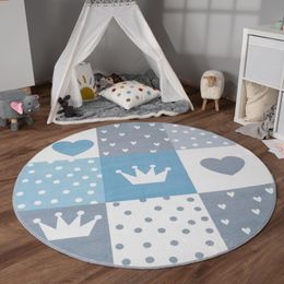 Teppich Kinderzimmer Kinderteppich Kurzflor Rutschfest Herzen Sonne Regenbogen Blau, 120 cm Rund - Paco Home