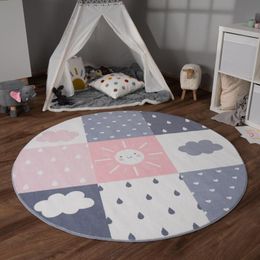 Teppich Kinderzimmer Kinderteppich Kurzflor Rutschfest Herzen Sonne Regenbogen 160 cm Rund, Rosa - Paco Home