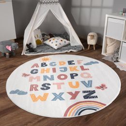 Teppich Kinderzimmer Kinderteppich Kurzflor Rutschfest Herzen Sonne Regenbogen 160 cm Rund, Bunt - Paco Home