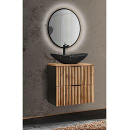 Lomadox Gäste wc Waschplatz mit Waschtisch Unterschrank 60 cm, led Spiegel Touch Funktion XANTEN-56 in anthrazit mit Eiche Nb. schwarz gerillt, b/h/t: