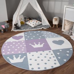 Teppich Kinderzimmer Kinderteppich Kurzflor Rutschfest Herzen Sonne Regenbogen Lila, 120 cm Rund - Paco Home