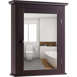 Costway - Spiegelschrank Bad, Wandschrank mit Spiegel, Tür & verstellbarem Regal, 56 x 15 x 69,5 cm Hängeschrank Holz, Braun