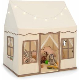 Costway Kinderspielhaus mit Sternenlichtern, Prinzessin Prinzess Kinderzelt mit Fenstern & Netzvorhängen, Kinderspielzelt Spielzelt Spielhaus für Jungen und