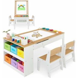 Costway Kindertisch mit 2 Stühlen, 3 in 1 Aktivitätstisch & Staffelei aus Holz mit anhebbarer Tischplatte mit Farbbechern, 6 Stoffbehältern & Papierrolle,