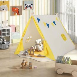 Costway - Tipi Zelt für Kinder, Tippi Kinderzelt für Drinnen, Spielzelt Baumwolle & Holz mit Fenster & Wimpelkette, Kinder Tipizelt Spielhaus für