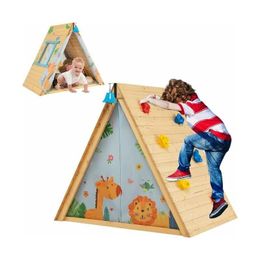 2 in 1 Kinderspielhaus mit Klettersteine, Kinderzelt Holz Spielhaus Kinder Holzhaus Kletterdreieck 115x77x100cm - Costway