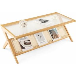 Costway Couchtisch aus Bambus, 2-stöckiger rechteckiger Beistelltisch mit Glastischplatte 120 x 56 cm, Tisch klein mit handgeflochtenem Rattan-Ablagefach für