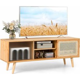 TV-Schrank mit 2 Schiebetüren (Glas&Bambus), 2 Fächer, TV-Ständer für Fernseher bis zu 55 Zoll, Lowboard 120,5cm - Costway