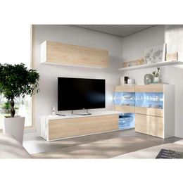 Wohnwand Adams, Modulares Eck-Wohnzimmerset, Multipositions-Wohnzimmermöbel mit LED-Licht, 260x41h180 cm, Eiche und Weiß - Dmora