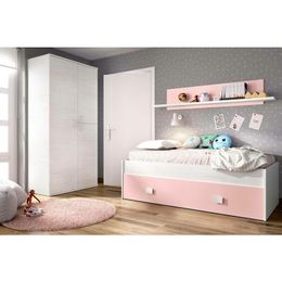 Kinderbett Dkasam, Aufbewahrungsbett für Schlafzimmer, Struktur für Einzelbett mit Schubladen und Regal, 195 x 97 x 44 cm, Weiß und Rosa - Dmora