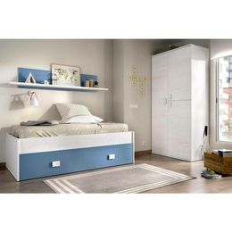 Kinderbett Monviso, Aufbewahrungsbett für Schlafzimmer, Struktur für Einzelbett mit Schubladen und Regal, 195 x 97 x 44 cm, Weiß und Blau - Dmora
