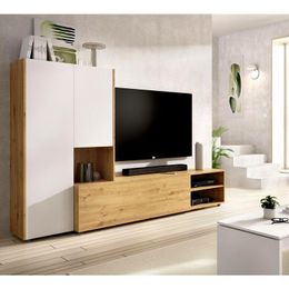 Wohnwand Daaquis, TV-Ständer-Wohnzimmerset, Mehrzweck-Wohnzimmermöbel, 227 x 40 x 141 cm, Node Oak und Weiß - Dmora
