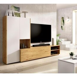 Wohnwand Ainos, TV-Ständer-Wohnzimmerset, Mehrzweck-Wohnzimmermöbel, 227 x 40 x 141 cm, Node Oak und Weiß - Dmora