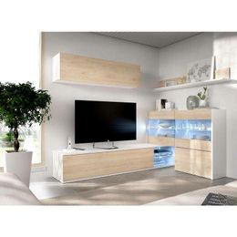 Wohnwand Daade, Modulares Eck-Wohnzimmerset, Multipositions-Wohnzimmermöbel mit LED-Licht, 260x41h180 cm, Eiche und Weiß - Dmora