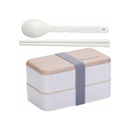 Lunchbox, japanisches 2-lagiges Besteck Bento Lunchbox für Kinder oder Erwachsene für Schule oder Arbeit mit Essstäbchen-Löffel (weiß) - Minkurow