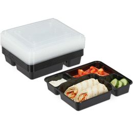 Meal Prep Boxen, 10er Set, 4 Fächer, 1000 ml, mikrowellengeeignet, Essensbox mit Deckel, Kunststoff, schwarz - Relaxdays
