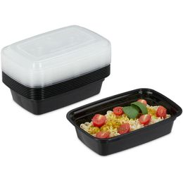 Meal Prep Boxen, 10er Set, 1 Fach, 1000 ml, mikrowellengeeignet, auslaufsicher, Food-Box, Kunststoff, schwarz - Relaxdays