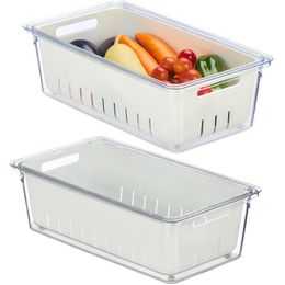 Kühlschrank Organizer, 2er Set, stapelbar, Abtropfkorb, Lebensmittel Organizer mit Deckel, transparent/weiß - Relaxdays