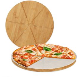Pizzabrett Bambus 2er Set, runde Pizzateller 33 cm ø, inkl. Backpapier, Pizza Schneidebrett mit Rillen, natur - Relaxdays