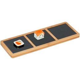 Servierbrett mit Schieferplatten, hbt: 1,5x34x12 cm, Sushi, Käse, Wurst, Servierplatte Bambus, natur/anthrazit - Relaxdays