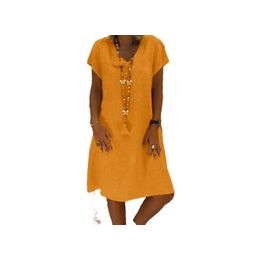 ZWY Strandkleid Sommerkleid Damen Leinen Kleider Casual V-Ausschnitt