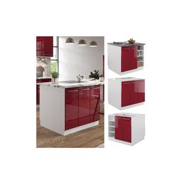 VICCO Kücheninsel Küchenblock Einbauküche Fame-Line Weiß Bordeaux-Rot 90 cm modern Hochglanz Küchen Schränke Regalunterschrank Küchenunterschrank Regalinselunterschrank Softclose-Scharnier Küchenmöbel