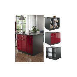 VICCO Kücheninsel Küchenblock Einbauküche Fame-Line Anthrazit Bordeaux Rot 90 cm modern Hochglanz Küchen Schränke Apothekerunterschrank Schubunterschrank Regalinselunterschrank Softclose-Scharnier Küchenmöbel