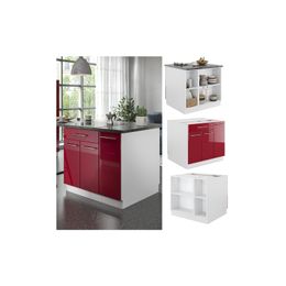 VICCO Kücheninsel Küchenblock Einbauküche Fame-Line Weiß Bordeaux-Rot 90 cm modern Hochglanz Küchen Schränke Apothekerunterschrank Schubunterschrank Regalinselunterschrank Softclose-Scharnier Küchenmöbel