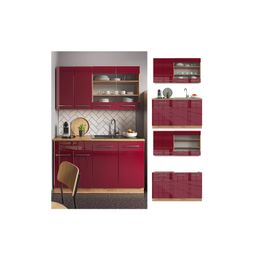 VICCO Küchenzeile Küchenblock Einbauküche Fame-Line Single Eiche Rot Bordeaux 140 cm modern Küchen Schränke Spülenunterschrank Schubunterschrank Hängeschrank Hängeglasschrank Hochglanz