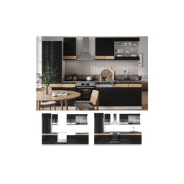 VICCO Küchenzeile Küchenblock Einbauküche Fame-Line Weiß Schwarz Eiche 300 cm modern Hochglanz Küchenschränke Küchenmöbel