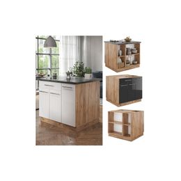 VICCO Kücheninsel Küchenblock Einbauküche Fame-Line Eiche Anthrazit 90 cm modern Hochglanz Küchen Schränke Apothekerunterschrank Schubunterschrank Regalinselunterschrank Softclose-Scharnier Küchenmöbel