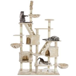 HAPPYPET Kratzbaum deckenhoch 260 cm hoch, Kletterbaum SAM – Großer XXL Katzenbaum Stabil für mehrere Katzen, stabile 8 cm Säulen, Liegemulden, Häuser, mit Zubehör Beige 260 cm