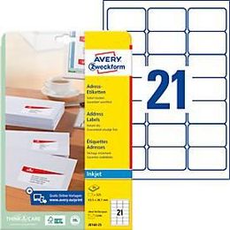 Avery Zweckform Adressetiketten J8160-25, geeignet für Inkjetdrucker, 63,5 x 38,1 mm, 525 Stück/25 A4-Bogen, 100 % FSC®-Papier, weiß