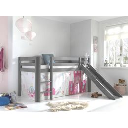 Vipack Spielbett Pino inkl. Rutsche mit Textilset Vorhang "Princes", Ausf. Kiefer massiv grau lackiert