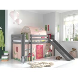 Vipack Spielbett Pino inkl. Rutsche mit Textilset Vorhang und Tunnel "Spring", Ausf. Kiefer massiv grau lac