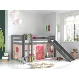 Vipack - Spielbett Pino inkl. Rutsche mit Textilset Vorhang "Spring", Ausf. Kiefer massiv grau lacki