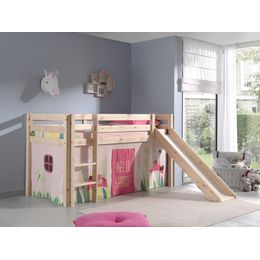 Vipack - Spielbett Pino inkl. Rutsche mit Textilset Vorhang "Spring", Ausf. Kiefer massiv natur