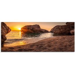 Glasbild Artland "Sonnenuntergang und Strand" Bilder Gr. B/H: 125 cm x 50 cm, Strand, 1 St., beige (naturfarben) Glasbilder