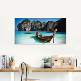 Glasbild Artland "Maya Bay, Koh Phi Leh, Thailand" Bilder Gr. B/H: 125 cm x 50 cm, Boote & Schiffe, 1 St., blau Glasbilder