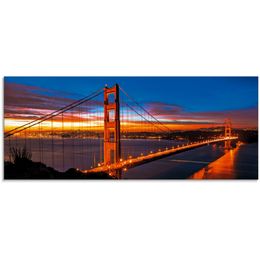 Glasbild Artland "The Golden Gate Bridge am frühen Morgen" Bilder Gr. B/H: 125 cm x 50 cm, Brücken, 1 St., blau Glasbilder