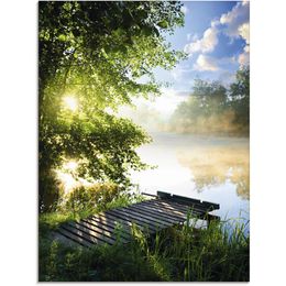Glasbild Artland "Angelsteg am Morgen" Bilder Gr. B/H: 60 cm x 80 cm, Gewässer, 1 St., grün Glasbilder