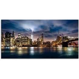 Glasbild Artland "Sonnenaufgang über Manhattan" Bilder Gr. B/H: 100 cm x 50 cm, Amerika, 1 St., blau Glasbilder