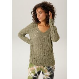 Strickpullover Aniston CASUAL Gr. 34, grün (khaki) Damen Pullover Ajourpullover